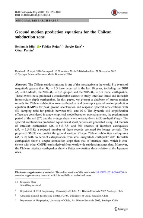 Pdf Ground Motion Prediction Equations For The Chilean Subduction Zone