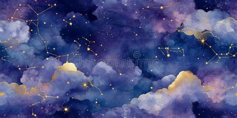Dreamy Seamless Night Sky Pattern With Gold Foil Constellations Stars