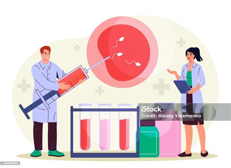 생식 건강을 가진 의사 의료복을 입은 남자와 여자가 주사기로 난자를 수정합니다 해부학 및 생물학 여성의 생식계 건강 관리 및 의학 평면 벡터 일러스트 레이 션 건강관리와