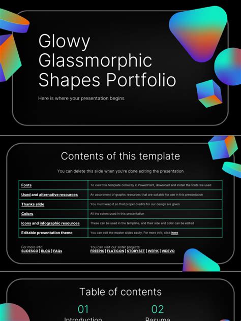 Glowy Glassmorphic Shapes Portfolio By Slidesgo Pdf Graphic Design Icon Computing