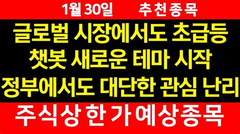 1월30일 상한가 예상되는 종목 추천 글로벌 시장에서도 초급등 세력 계속 연일매수중 오르는말에 타야합니다 세력 긴급매수 Youtube