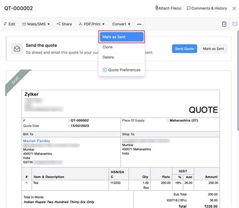 Other Actions For Quote Help Zoho Books