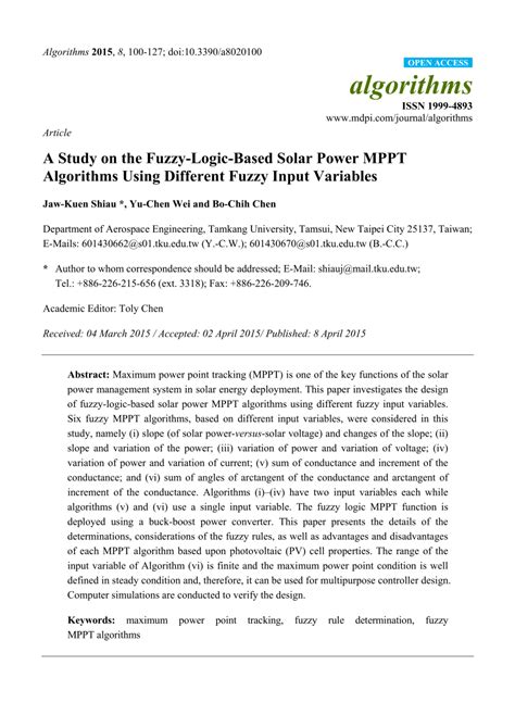 PDF A Study On The Fuzzy Logic Based Solar Power MPPT Algorithms Using Different Fuzzy Input