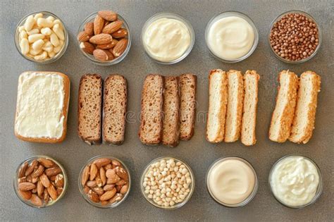 Assorted Vegan Breads Nuts And Spreads On Neutral Background Stock