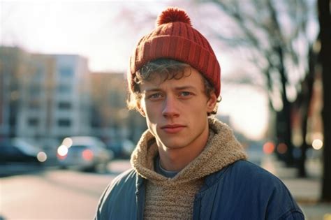 Premium Ai Image A Young Man Wearing A Red Beanie On The Street