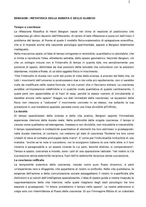 Bergson Sintesi Del Pensiero Dispense Di Filosofia Docsity