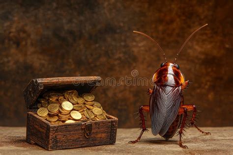 A Cockroach And A Chest Of Coins Brown Background Stock Illustration