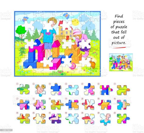 어린이와 성인을 위한 논리 게임 그림에서 떨어진 퍼즐 조각을 찾으십시오 아이들 수수께끼 책을위한 페이지입니다 세심함을위한 작업 공간적 사고 개발 온라인 플레이 벡터