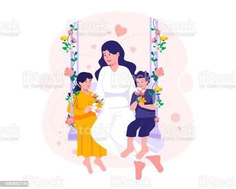 젊은 어머니와 딸과 아들이 꽃으로 장식된 그네에 앉아 있다 어머니와 자녀들은 그네에 앉아 있는 것을 껴안는다 해피 어머니의 날