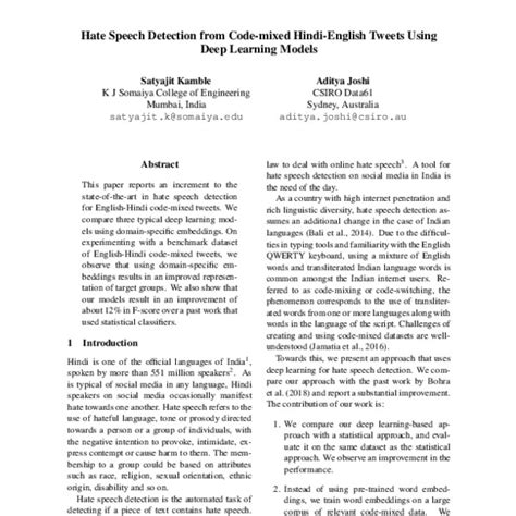 Hate Speech Detection From Code Mixed Hindi English Tweets Using Deep