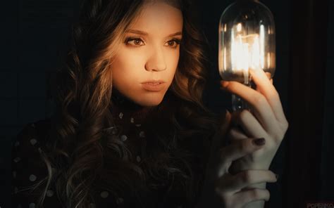 Download Wallpaper Girl Face Lamp Hands Curls The Dark Background