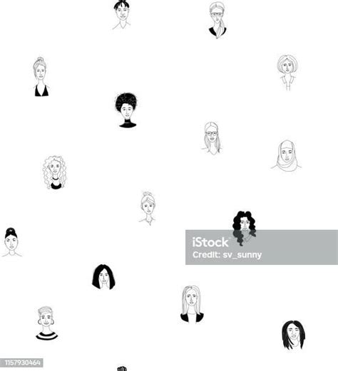 여성 머리 원활한 패턴 배경 그런 지 라인 그리기 낙서 포스터 낙서 드로잉에 대한 스톡 벡터 아트 및 기타 이미지 낙서