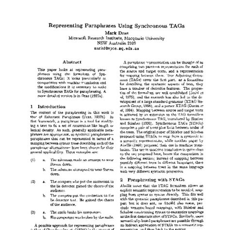 Representing Paraphrases Using Synchronous Tags Acl Anthology