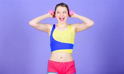 Workout With Dumbbells Girl Hold Dumbbells Biceps Exercises For
