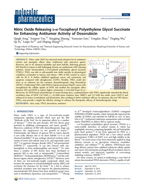 Pdf Nitric Oxide Releasing D Alpha Tocopheryl Polyethylene Glycol Succinate For Enhancing