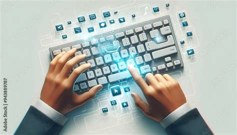 Flat Keyboard With Holographic Shortcuts Floating Above Keys Concept As