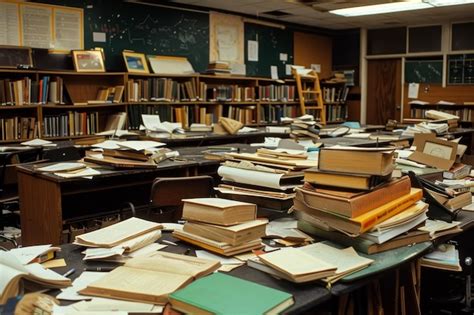 A Desk In A Classroom Is Covered In Books And Papers A Cluttered