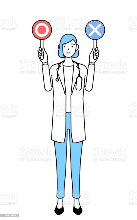 정답과 오답을 나타내는 막대기를 들고 있는 흰 코트를 입은 여자 의사 건강 진단에 대한 스톡 벡터 아트 및 기타 이미지 건강 진단 건강관리와 의술 검사 보기 Istock