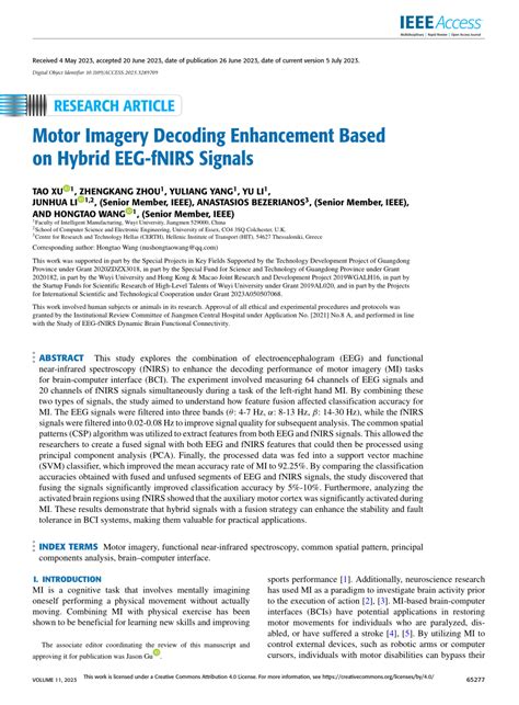 Pdf Motor Imagery Decoding Enhancement Based On Hybrid Eeg Fnirs Signals