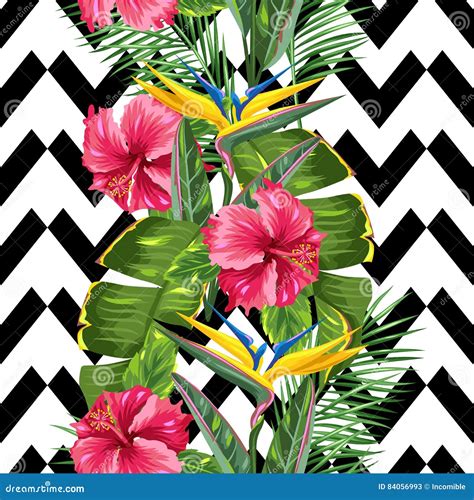 Seamless Pattern With Tropical Leaves And Flowers Palms Branches Bird