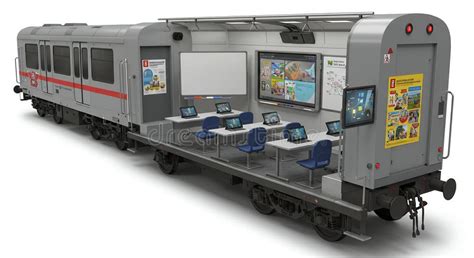 Mobile Train Classroom Cutaway View With Desks Laptops And Whiteboard Interior Gray Color And