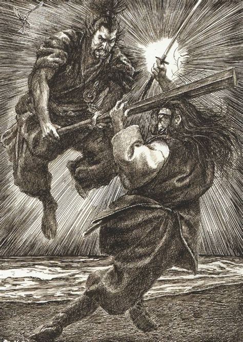 『宮本武蔵 第5巻・第6巻 挿絵』（1970年9月六興出版刊）。宍戸梅軒、佐々木小次郎との決闘を描いた2枚です。梅軒の割られた顔や、飛び上がっ