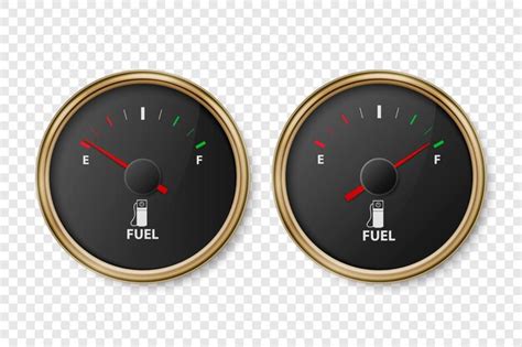 터 3d 현실적인 골든 메탈릭 가스 연료 크 가이즈 오일 레벨 바 세트 고립 된 전체 및 빈 자동차 대시보드 세부 사항 연료 표시기 가스 미터 센서 디자인 템플릿 프리미엄 벡터