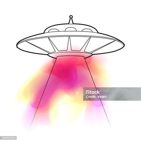 훔치는 광선과 다채로운 페인트 얼룩과 Ufo의 윤곽 그림 플라잉 접시 알 수없는 비행 물체 벡터 윤곽선 개체 과학에 대한 스톡