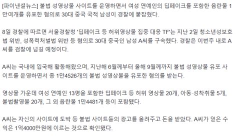 女연예인 13명 딥페이크 등 1만여개 음란물 유포 중국국적 30대 구속 유머움짤이슈 에펨코리아