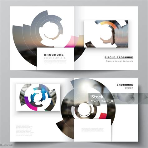 사각형 디자인 Bifold 브로셔 잡지 전단지 소책자를위한 두 개의 표지 템플릿의 벡터 레이아웃 미래 지향적 인 디자인 원형 패턴 사진기하학적 프레임을 형성하는 원 요소 두