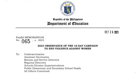 Deped Memorandum No 065 S 2023 2023 Observance Of The 18 Day Campaign To End Violence