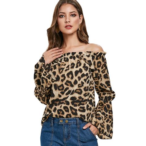 Buy Joineles Off Shoulder Leopard Print Blouse Long Sleeve Flare Sleeve Slash