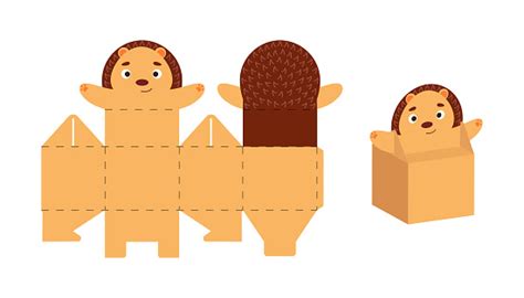 과자 사탕 작은 선물에 대한 귀여운 파티 호의 상자 고슴도치 디자인 어떤 목적을 위한 Diy 패키지 템플릿 생일 베이비 샤워 크리스마스 인쇄 컷아웃 접기 접착제 벡터 스톡