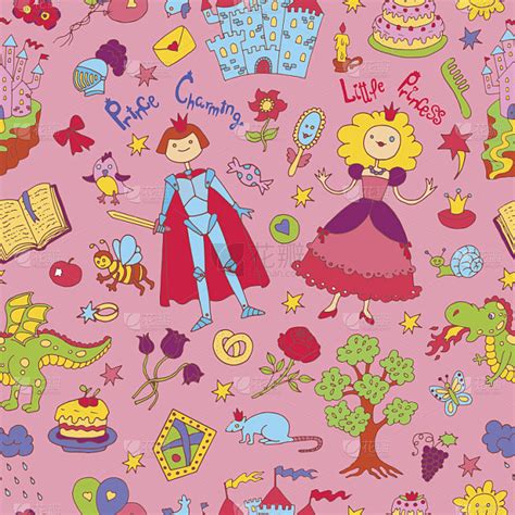 无缝涂鸦背景与王子和公主的概念粉红色