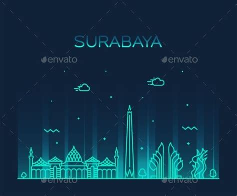 Surabaya Skyline East Java Indonesia Vector Linear Surabaya Java