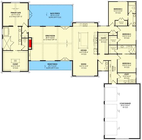 Split Bed Scandinavian Farmhouse Plan With 16 Foot Vaulted Great Room