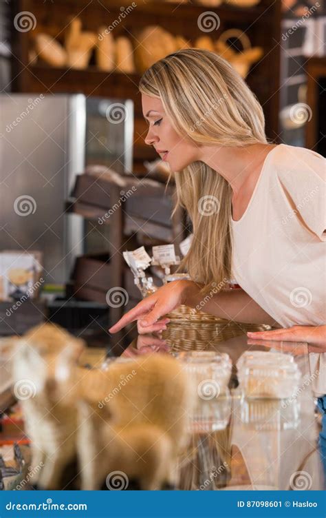 Happy Young Woman Selecting Bread At Bakery Stock Image Image Of Arms