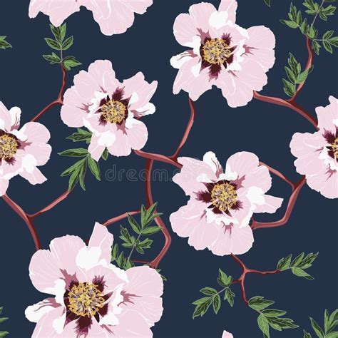 Pink Peony Branch With Leaves Seamless Pattern Stock Illustration
