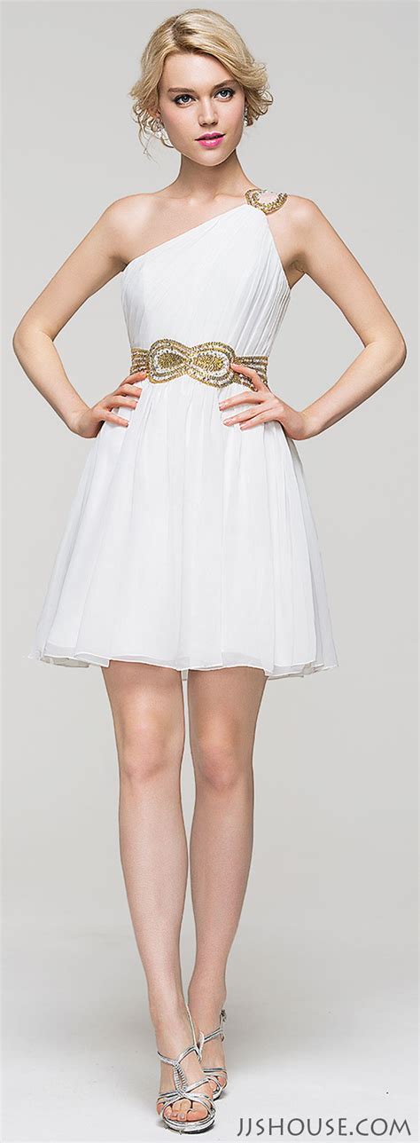 US A Line Princess One Shoulder Short Mini Chiffon Homecoming Dress With Ruffle