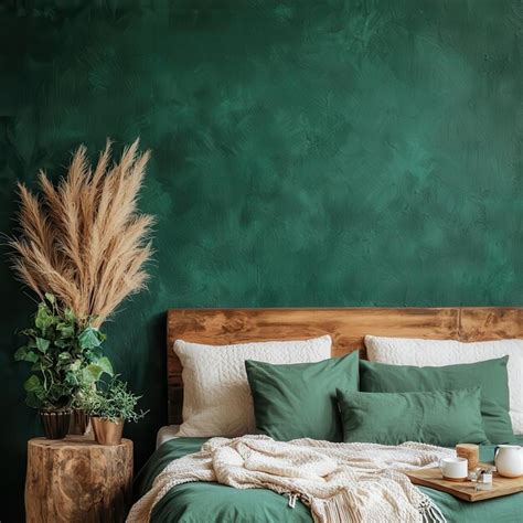 Green Bedroom Interior With Wooden Bedside Table And Pampas Grass