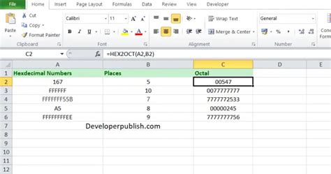 how to use the hex2oct function in excel developer publish