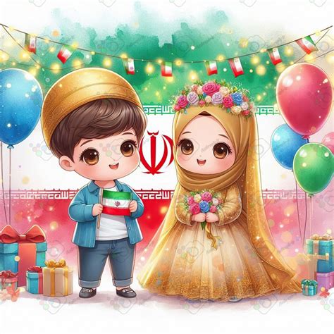 بک گراند کودکانه پسر و دختر ناز با حجاب ایرانی در جشن ملی با پرچم ایران