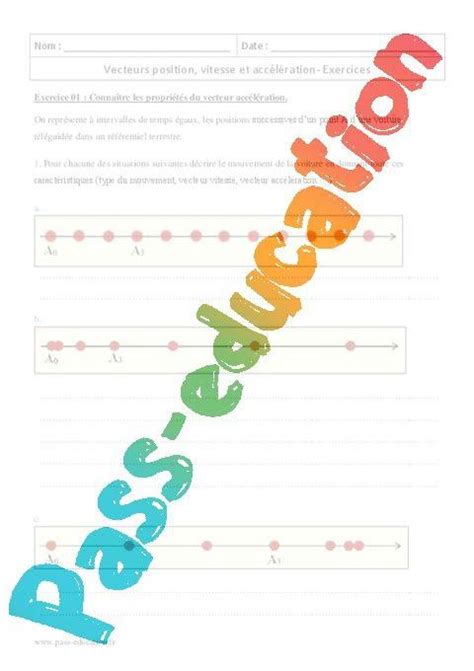 Vitesse et accélération Vecteurs position Terminale Exercices PDF à imprimer par Pass