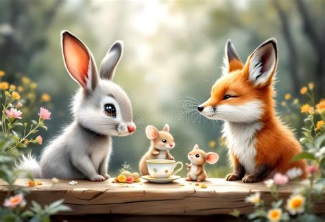 Cute Bunny Fox Mice Tea Party Garden Illustration Stock Illustration