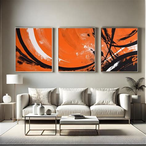 Orange Black Abstract Triptych Zen Art Modern Canvas Digital