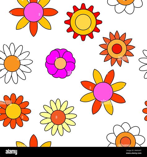Groovy Hippie Flower Seamless Pattern Colorful Flowers Trendy