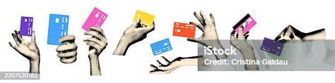 신용 카드를 들고 손 하프 톤 콜라주 벡터 일러스트 레이 션 합성 이미지에 대한 스톡 벡터 아트 및 기타 이미지 합성 이미지 혼합 재료 복고풍 Istock