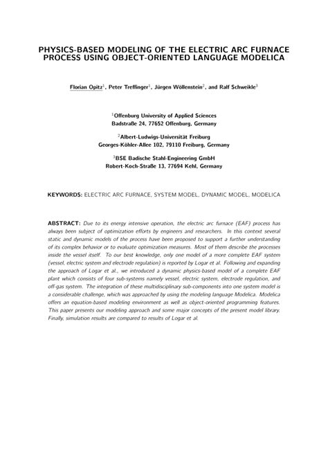 Pdf Physics Based Modeling Of The Electric Arc Furnace Process Using