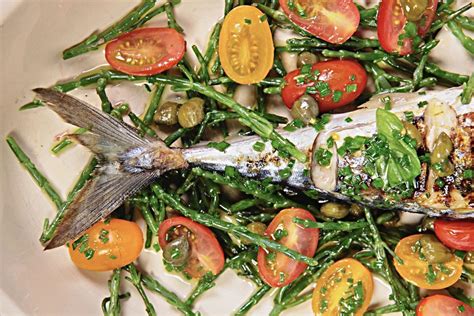 Grilled Mackerel With Lemon Samphire And Cherry Tomato Caper Salsa
