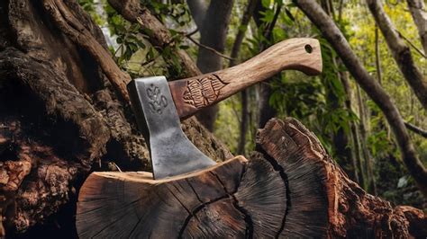 Axe Stuck In A Wooden Log Premium Ai Generated Image